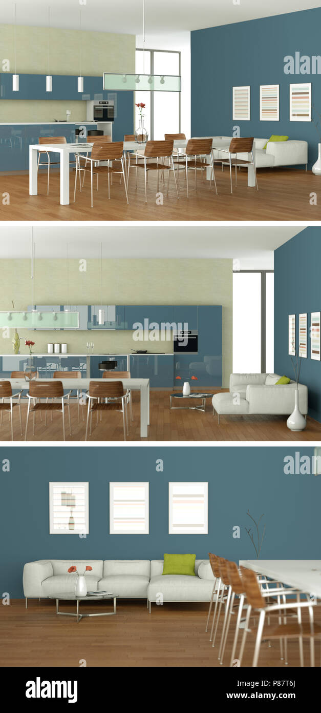 Three views of a modern kitchen with a beautiful design Stock Photo - Alamy