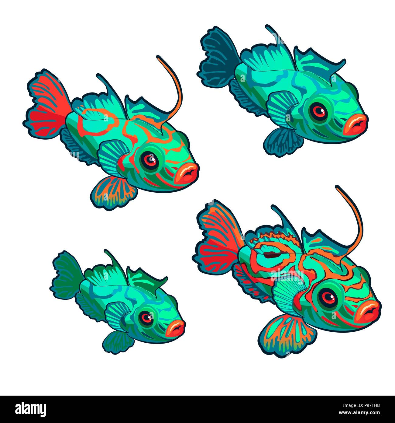 Cartoon green fish with red ornaments isolated on a white background ...