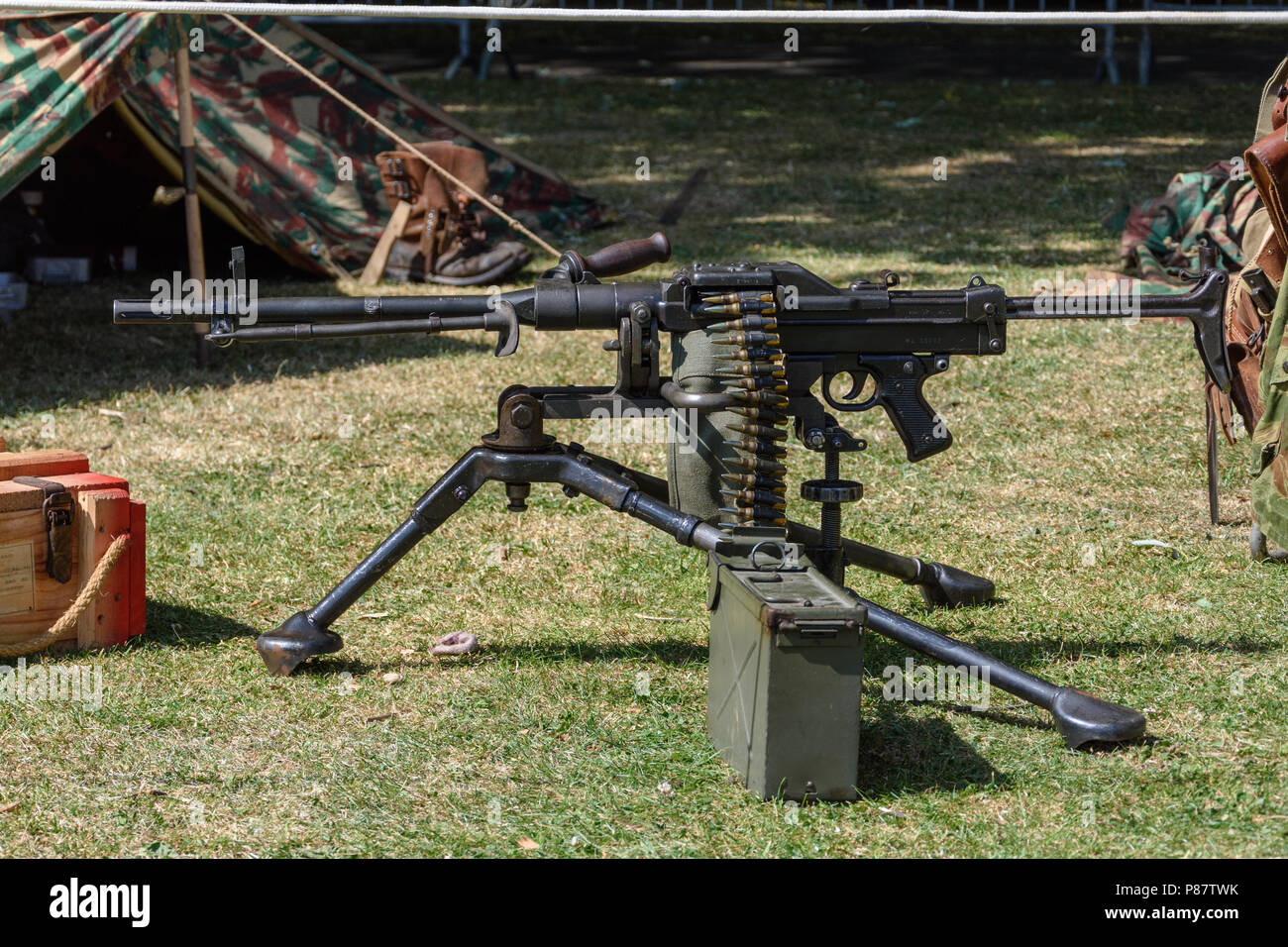 German machine gun with bullet feed from the 2nd world war on display ...