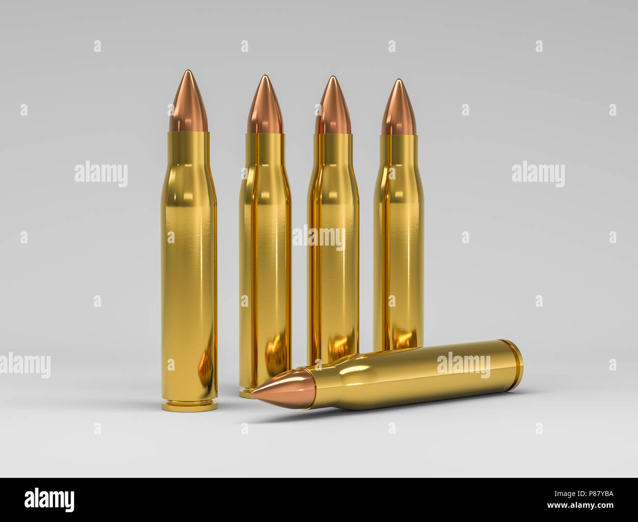 Couple of bullets on a white background in the vertical position. 3D ...