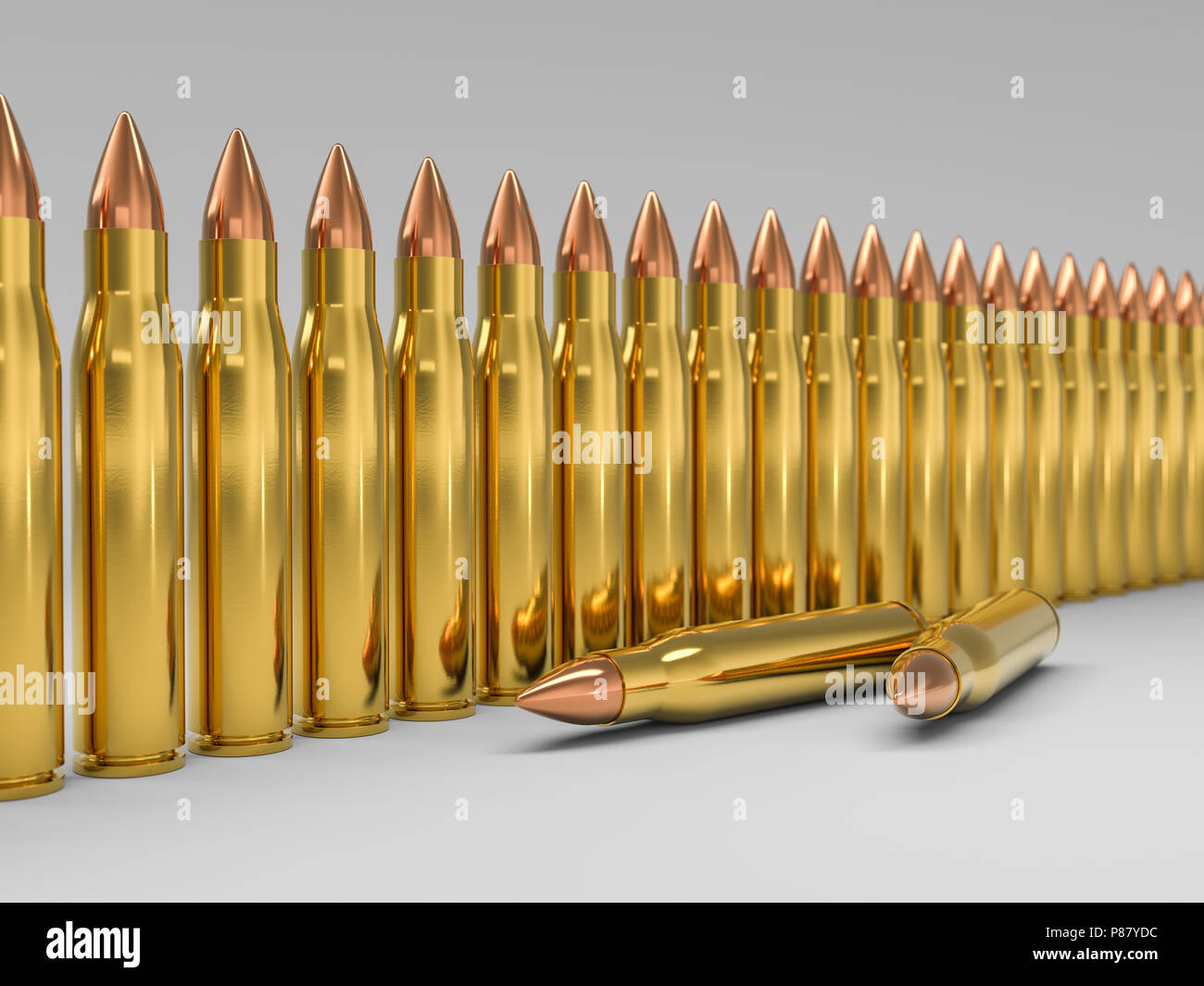 Couple of bullets on a white background in the vertical position. 3D ...