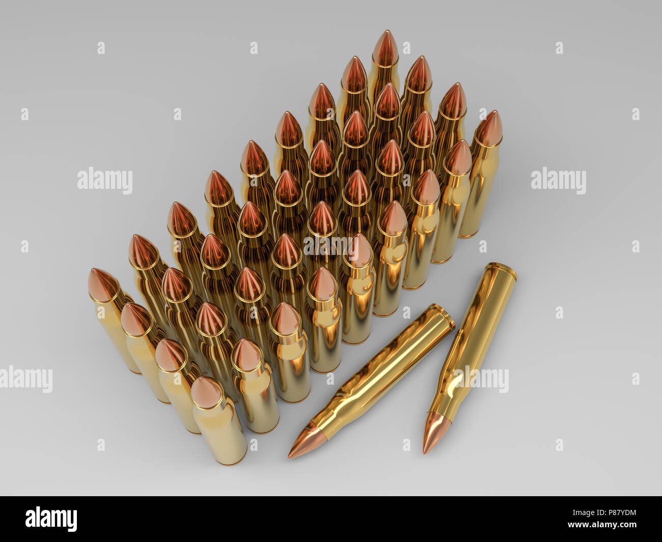 Couple of bullets on a white background in the vertical position. 3D ...