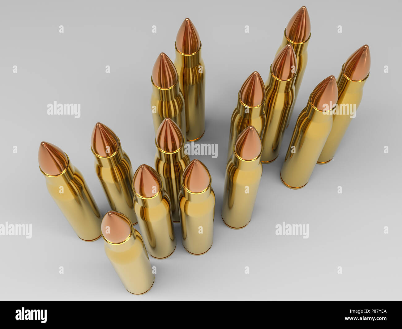 Couple of bullets on a white background in the vertical position. 3D ...