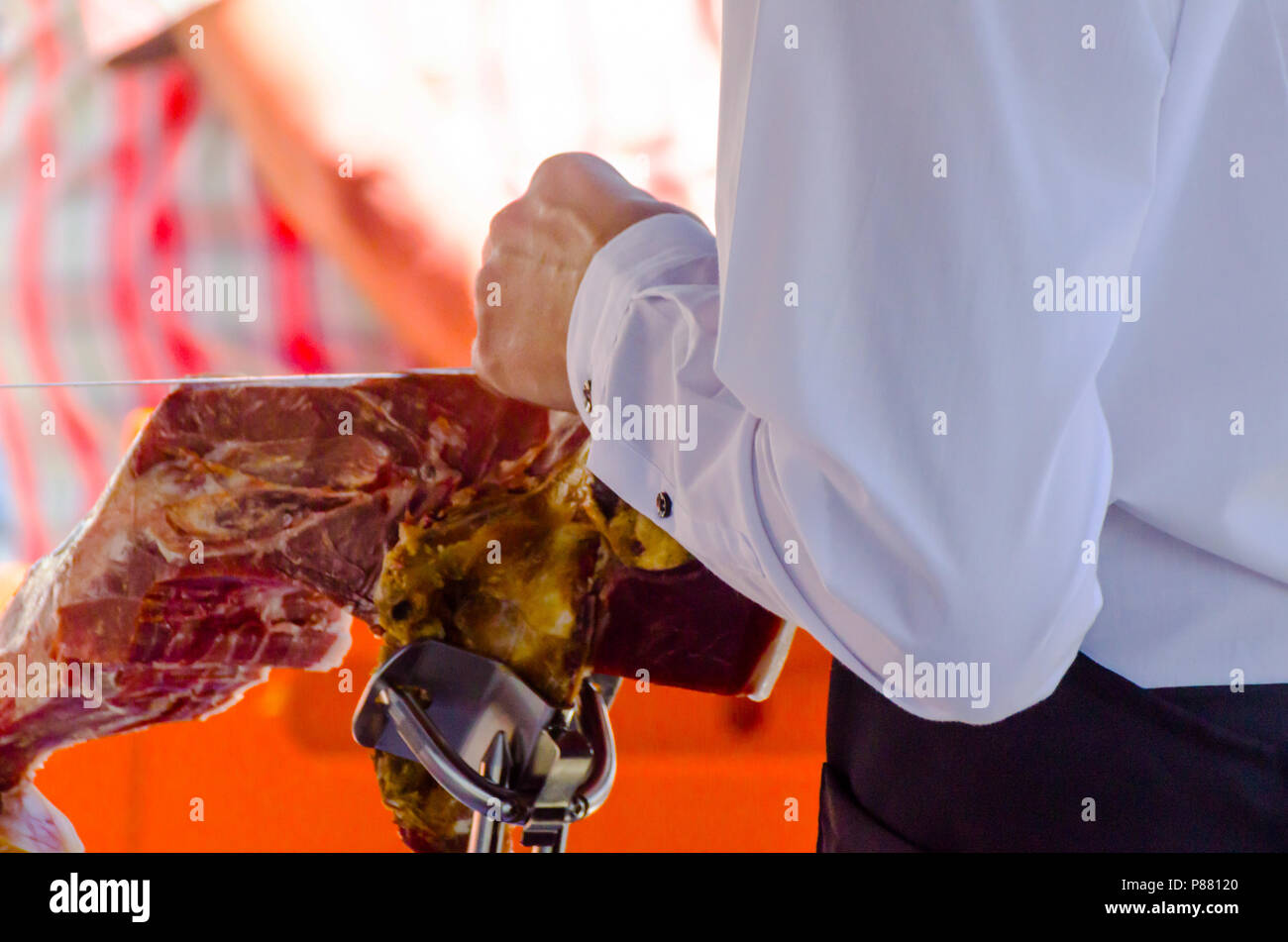 leg jamon serrano prepared for slicing, traditional Spanish ham, meat ...