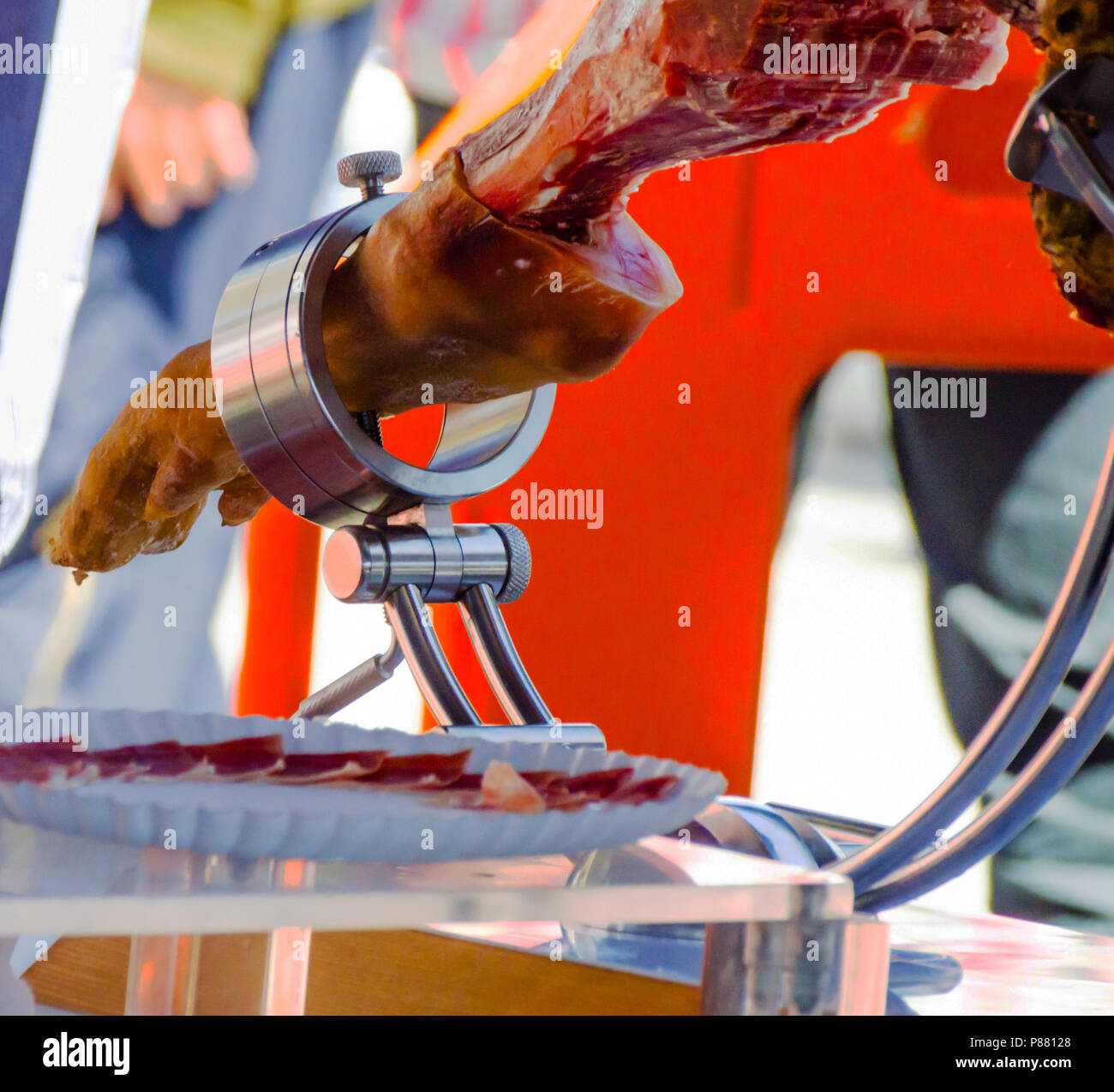 leg jamon serrano prepared for slicing, traditional Spanish ham, meat ...