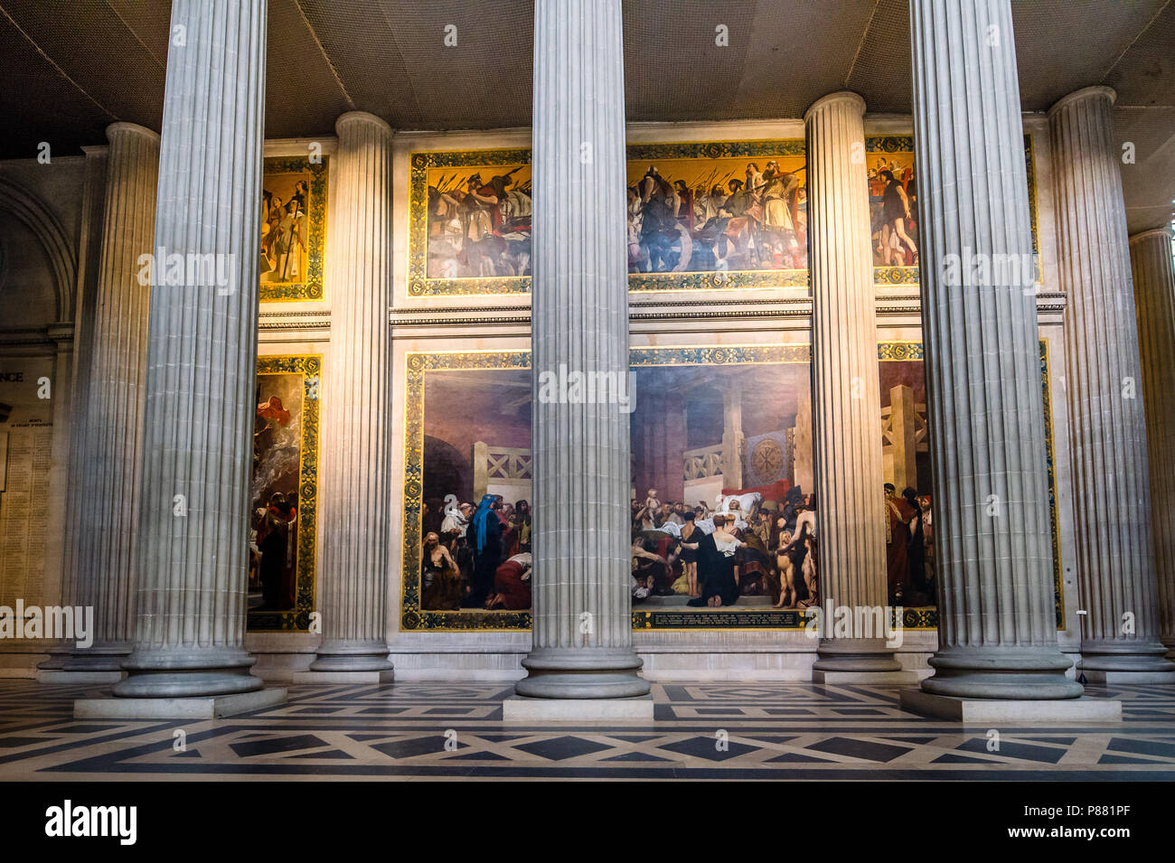 The artwork on the walls of the interior of the Pantheon in Paris ...