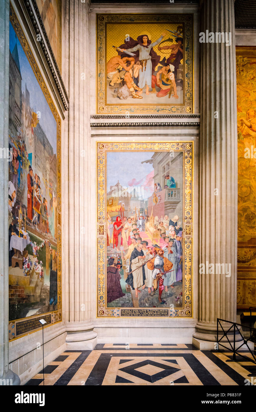 The artwork on the walls of the interior of the Pantheon in Paris ...