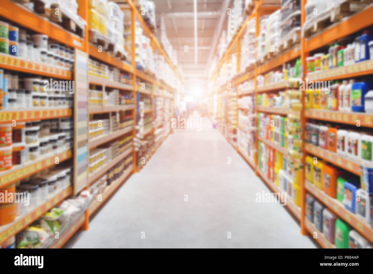 Hardware construction supermarket aisle and shelves. Perspective view ...