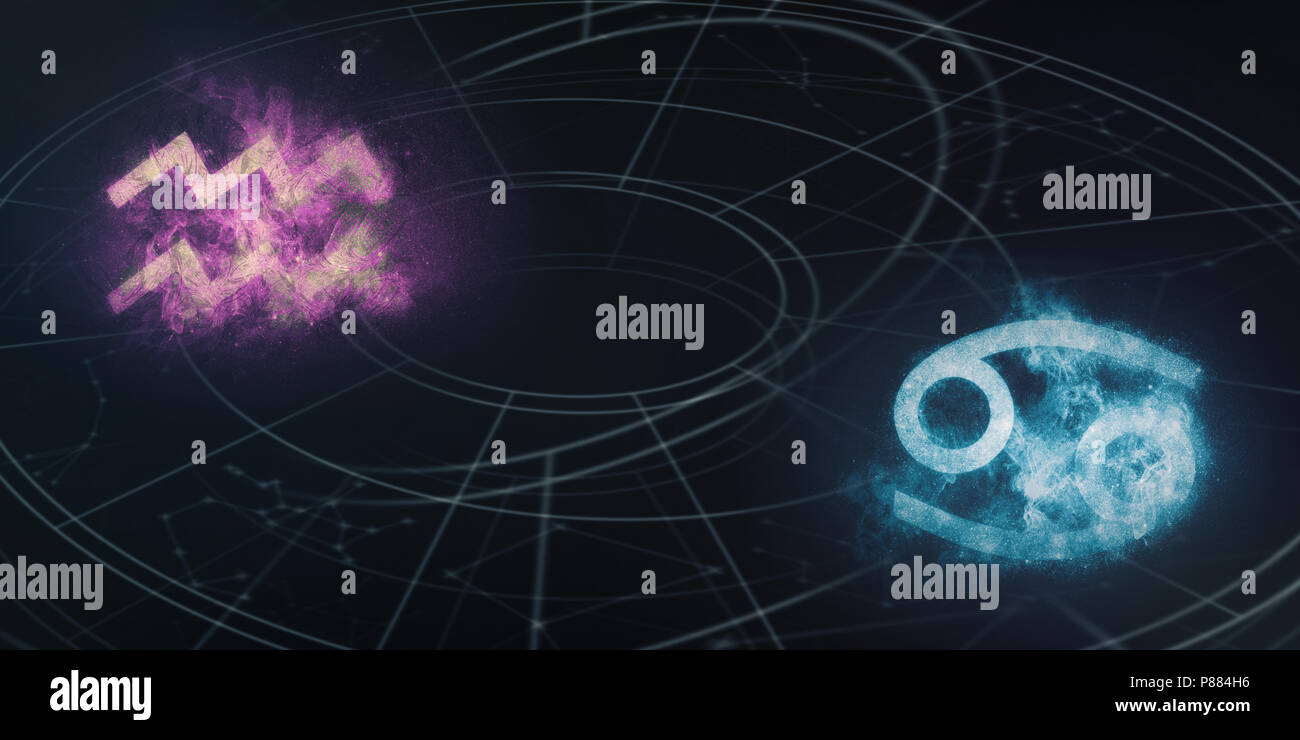 Aquarius and Cancer horoscope signs compatibility. Night sky Abstract ...