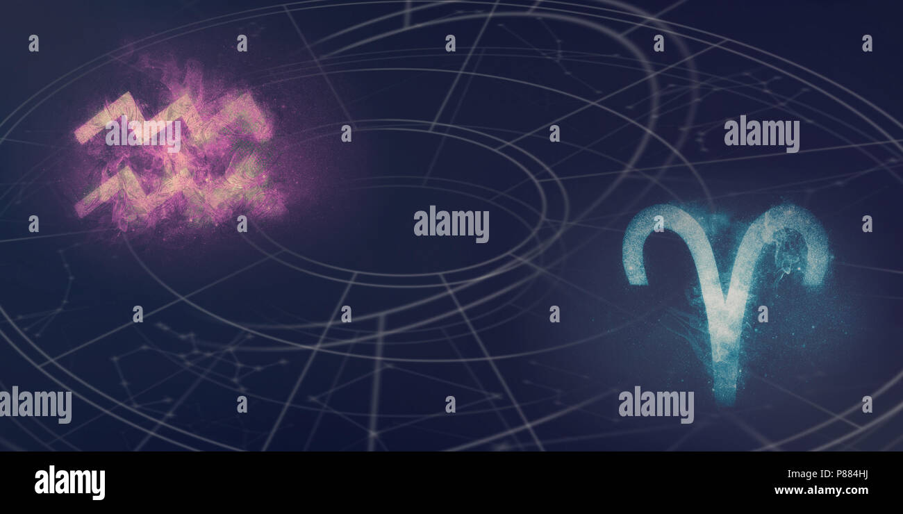 Aquarius and Aries horoscope signs compatibility. Night sky Abstract ...