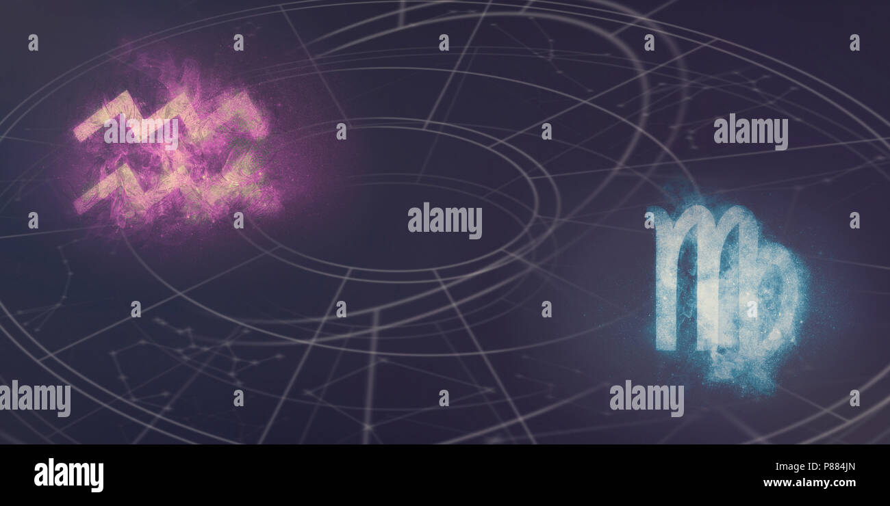 Aquarius and Virgo horoscope signs compatibility. Night sky Abstract ...