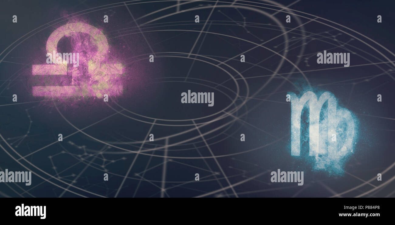 Libra and Virgo horoscope signs compatibility. Night sky Abstract ...