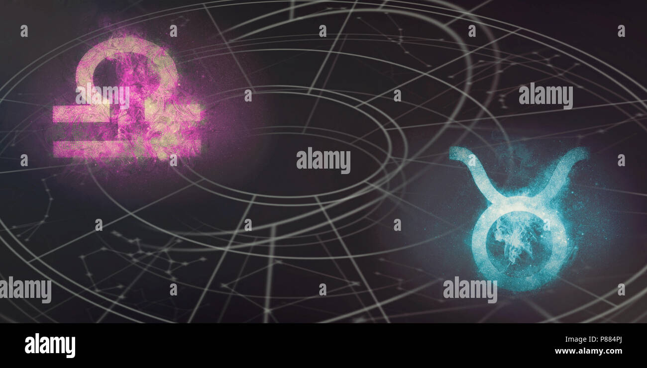 Libra and Taurus horoscope signs compatibility. Night sky Abstract ...