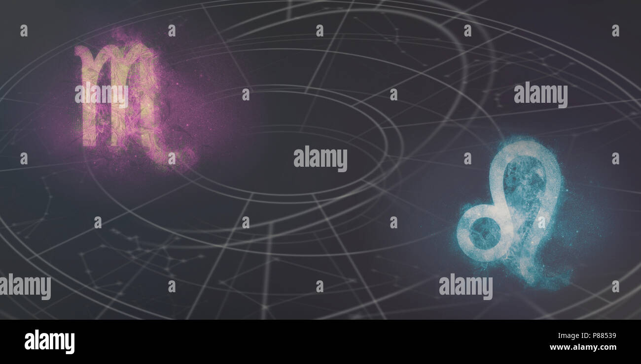 Scorpio and Leo horoscope signs compatibility. Night sky Abstract ...