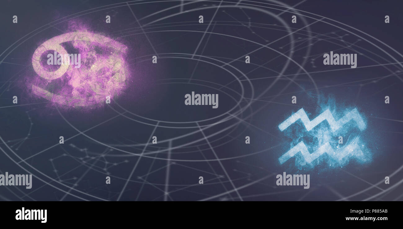 Cancer and Aquarius horoscope signs compatibility. Night sky Abstract ...