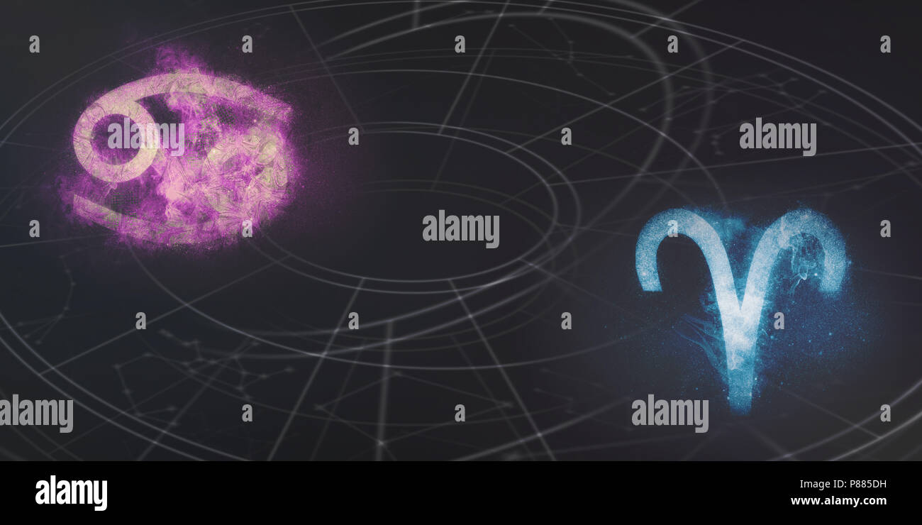Cancer and Aries horoscope signs compatibility. Night sky Abstract ...