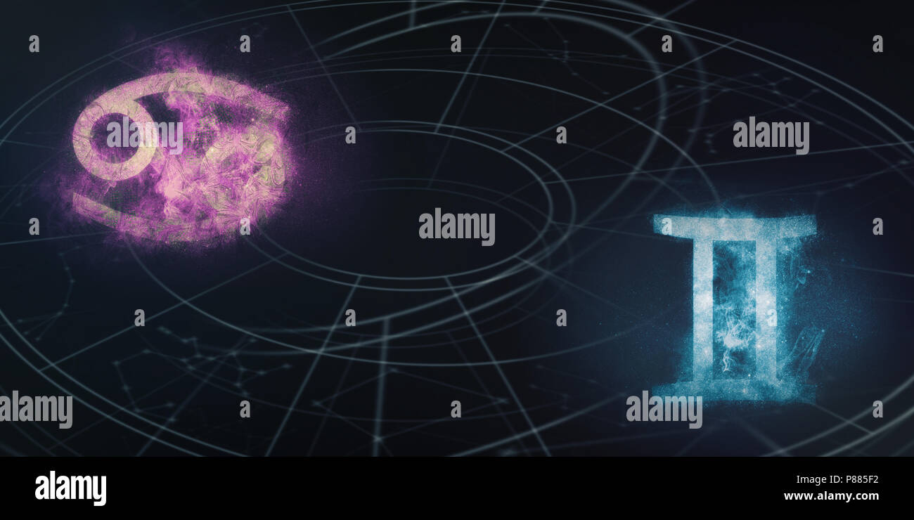 Cancer and Gemini horoscope signs compatibility. Night sky Abstract ...