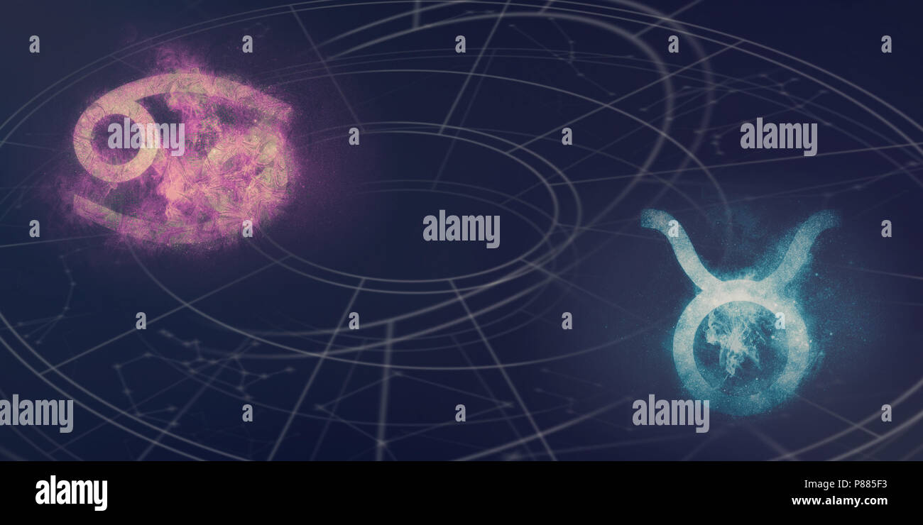 Cancer and Taurus horoscope signs compatibility. Night sky Abstract ...