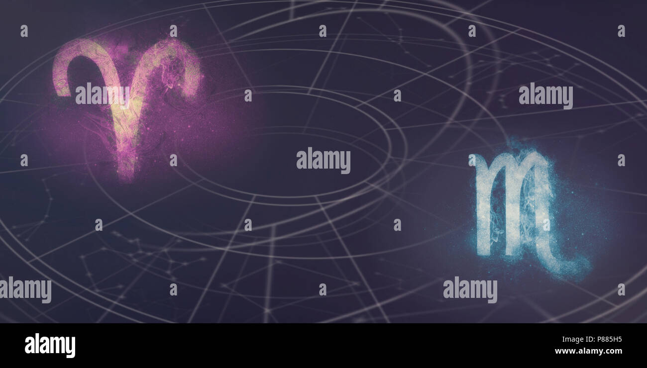 Aries and Scorpio horoscope signs compatibility. Night sky Abstract ...
