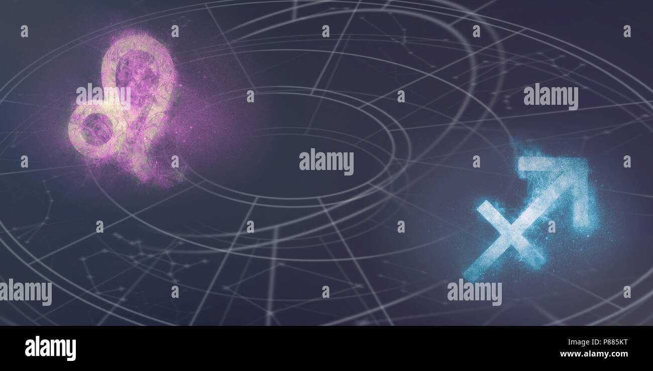 Leo and Sagittarius horoscope signs compatibility. Night sky Abstract ...