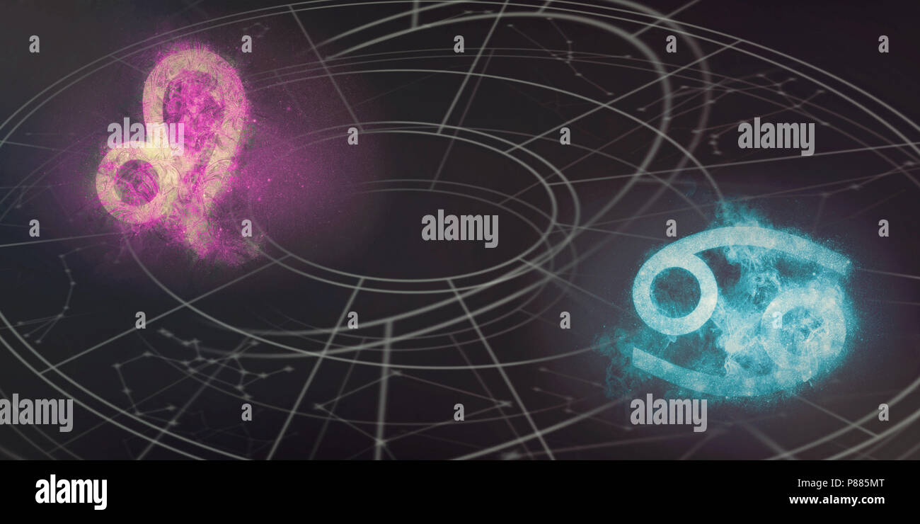 Leo and Cancer horoscope signs compatibility. Night sky Abstract ...