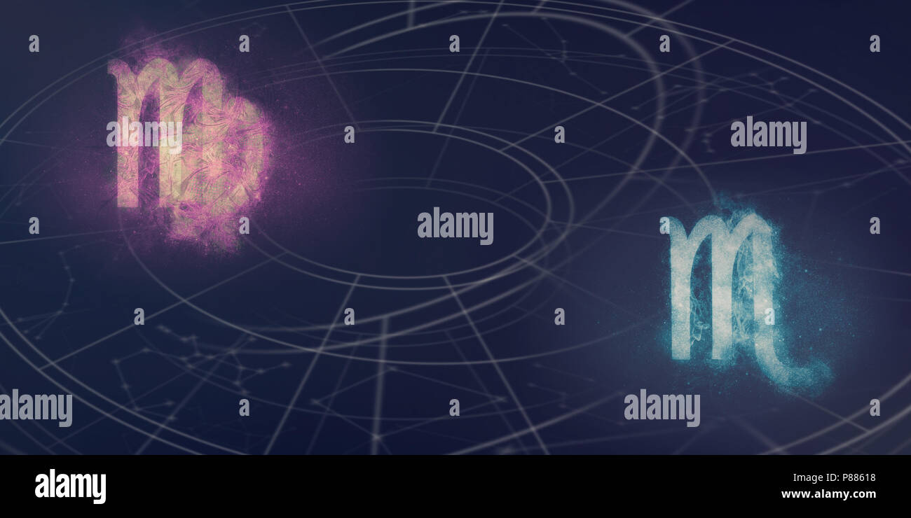 Virgo and Scorpio horoscope signs compatibility. Night sky Abstract ...