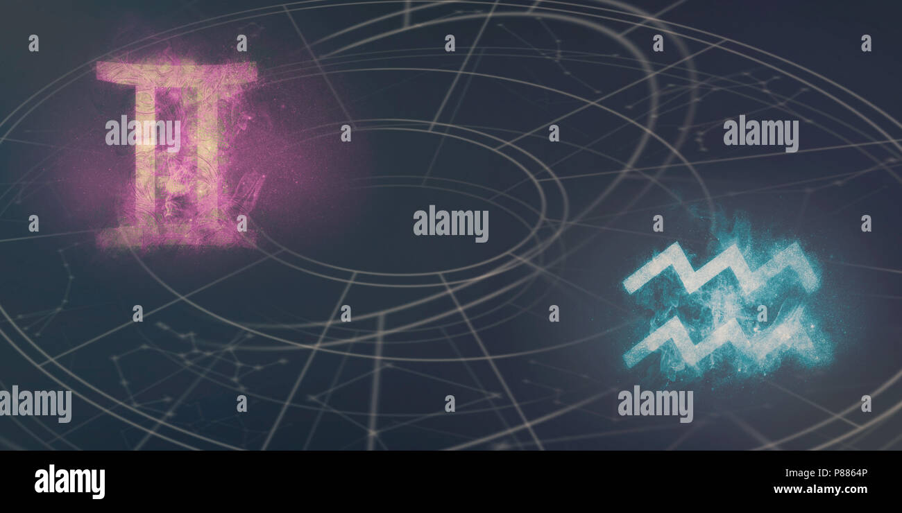 Gemini and Aquarius horoscope signs compatibility. Night sky Abstract ...