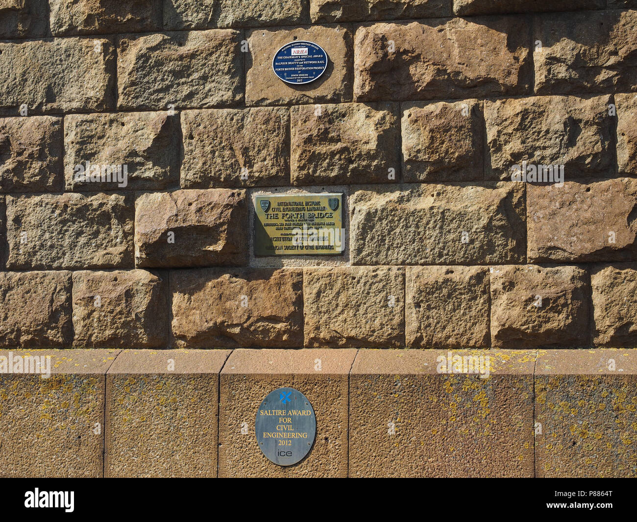 EDINBURGH, UK - CIRCA JUNE 2018: Plaques at Forth Bridge, cantilever ...