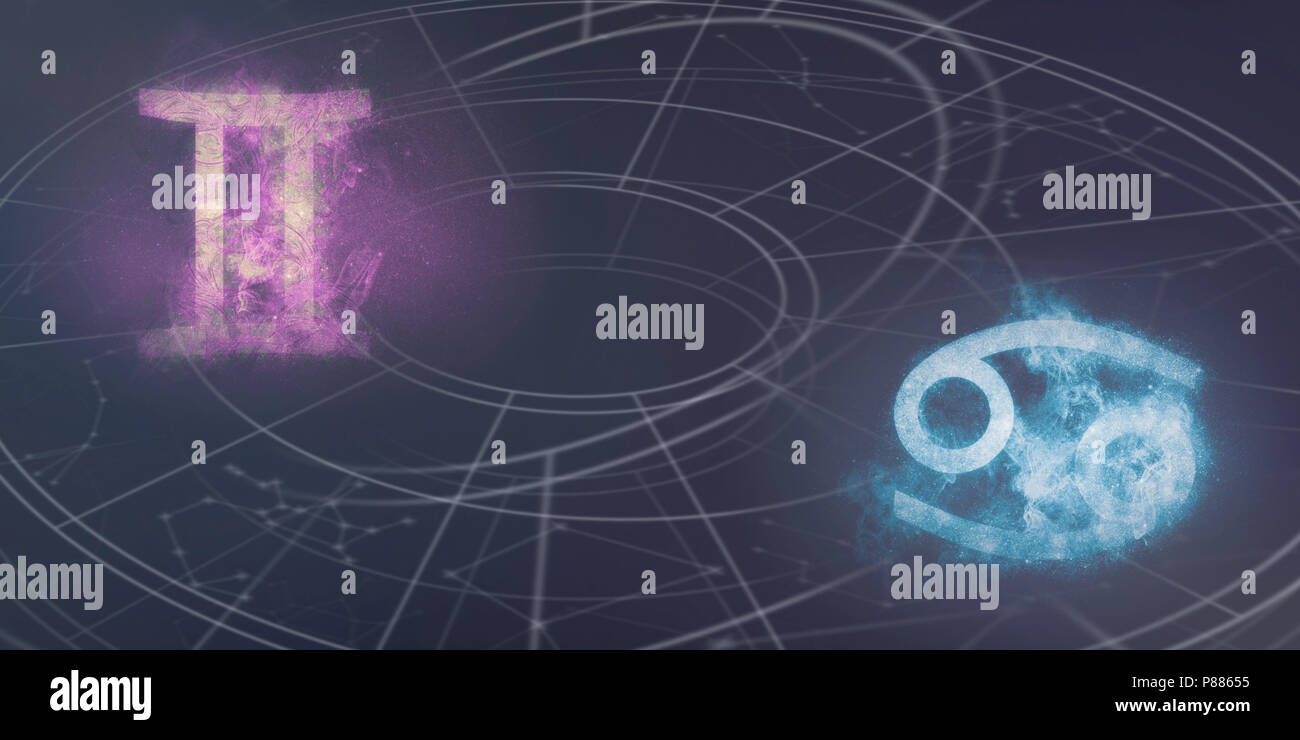 Gemini and Cancer horoscope signs compatibility. Night sky Abstract ...