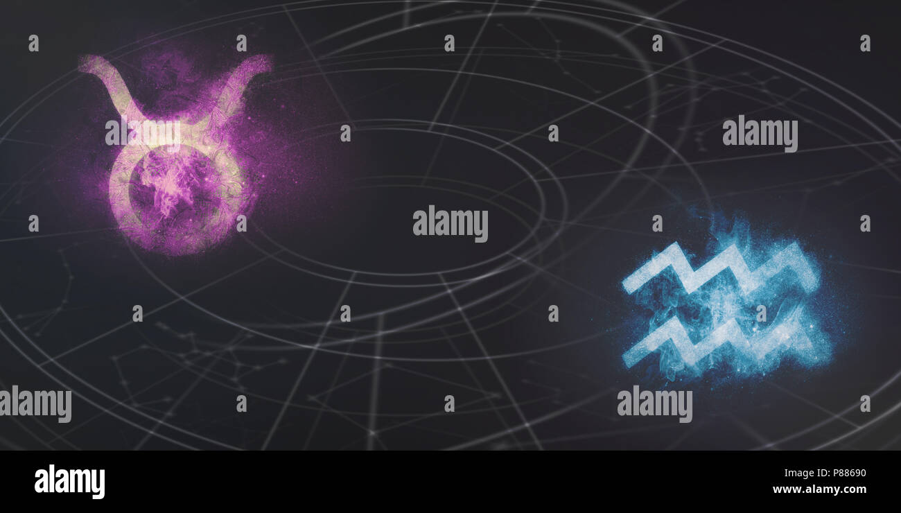 Taurus and Aquarius horoscope signs compatibility. Night sky Abstract ...