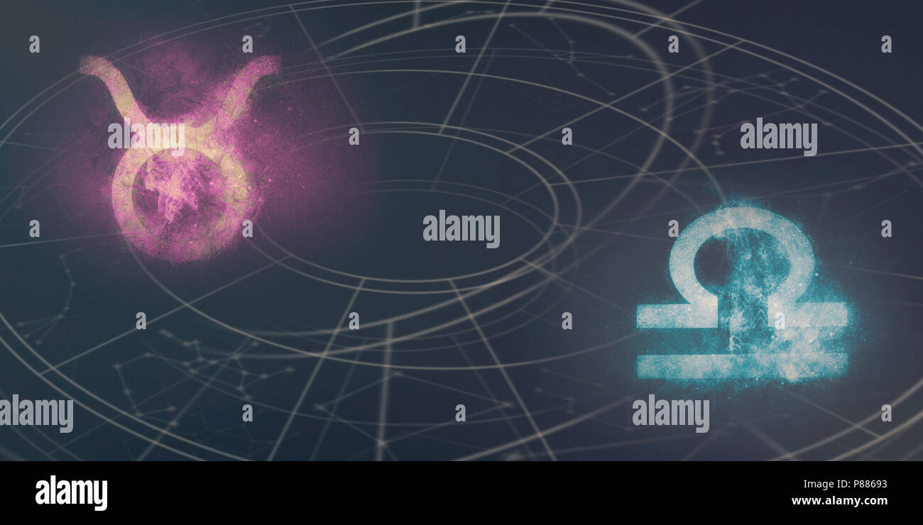 Taurus and Libra horoscope signs compatibility. Night sky Abstract ...