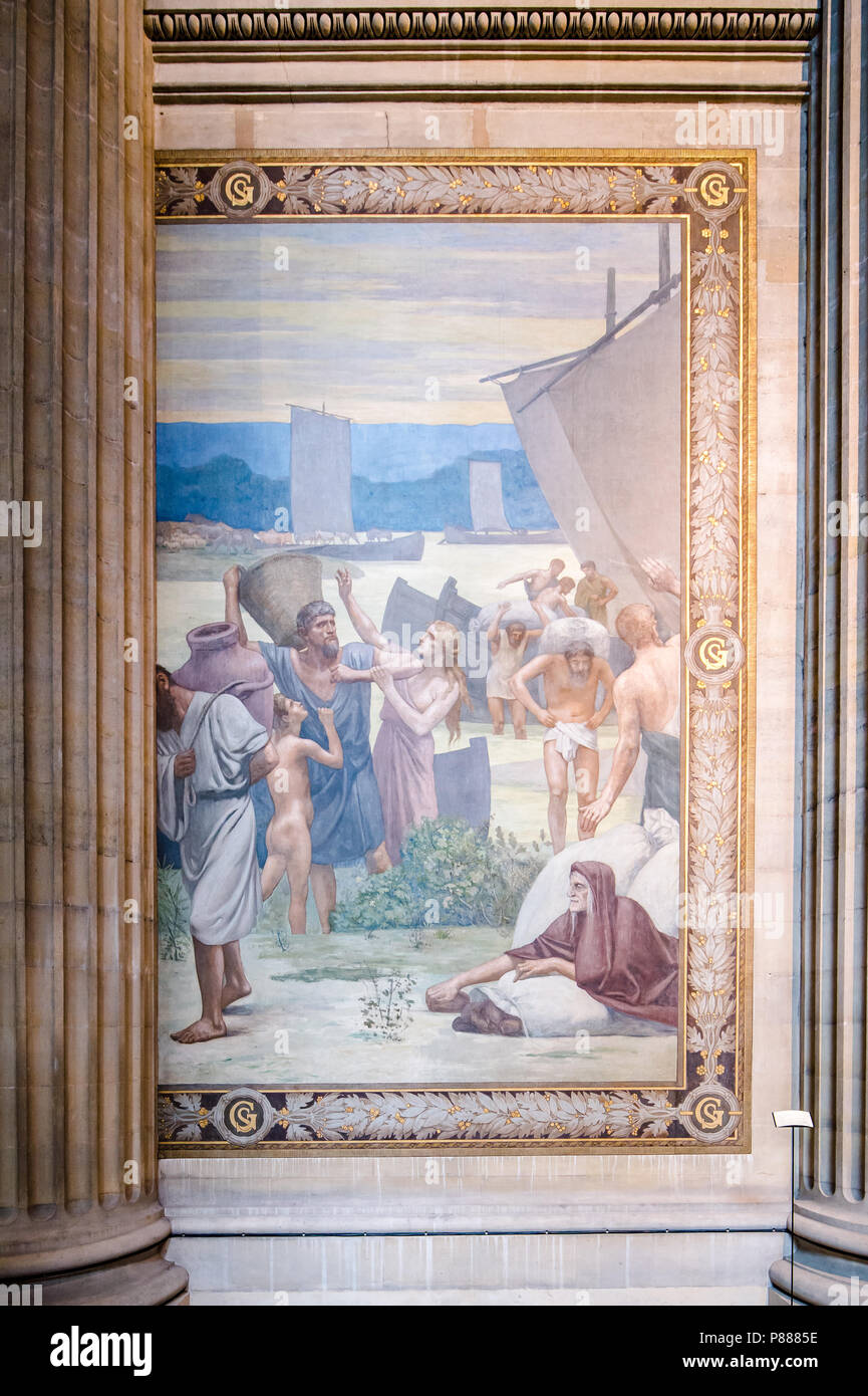 The artwork on the walls of the interior of the Pantheon in Paris ...