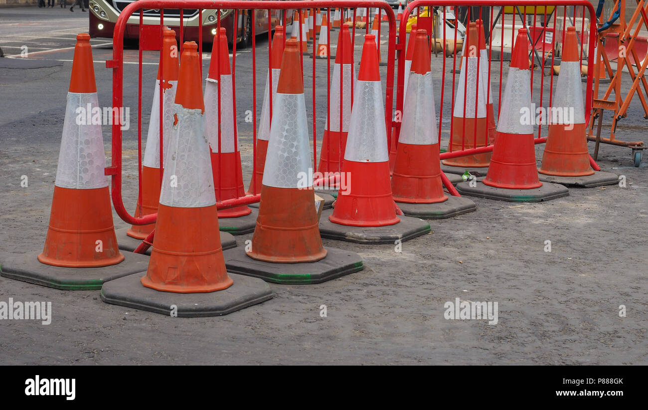 traffic cone to mark road works or temporary obstruction traffic sign ...