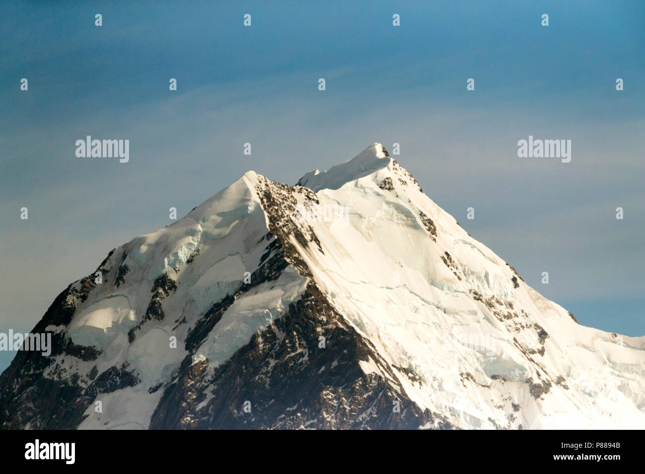 Snow-covered peak in the Mount cook mountain range, Glenntanner area ...