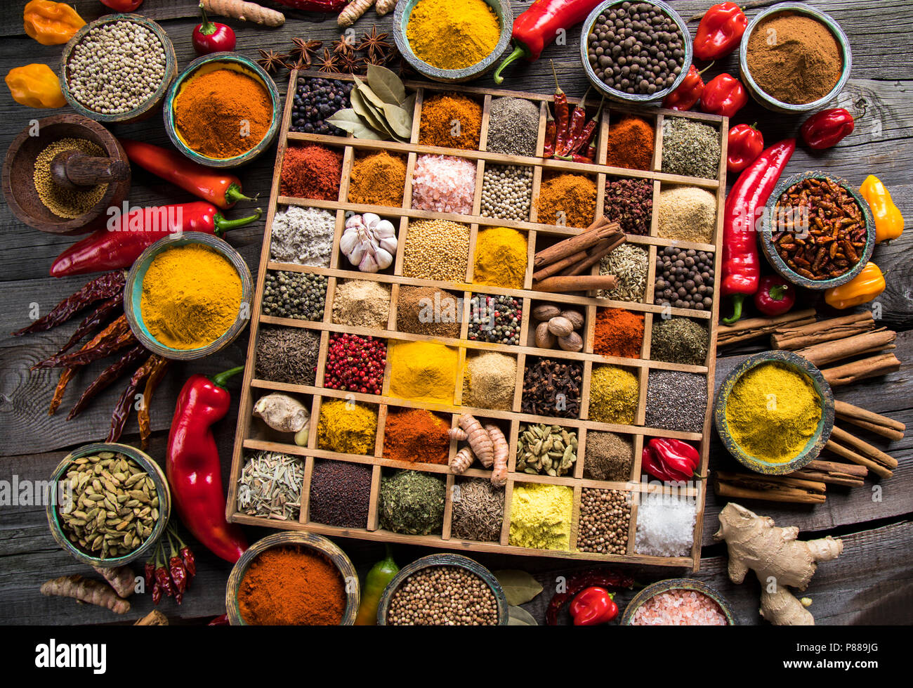 Close-up of different types of Assorted Spices in a wooden box Stock ...
