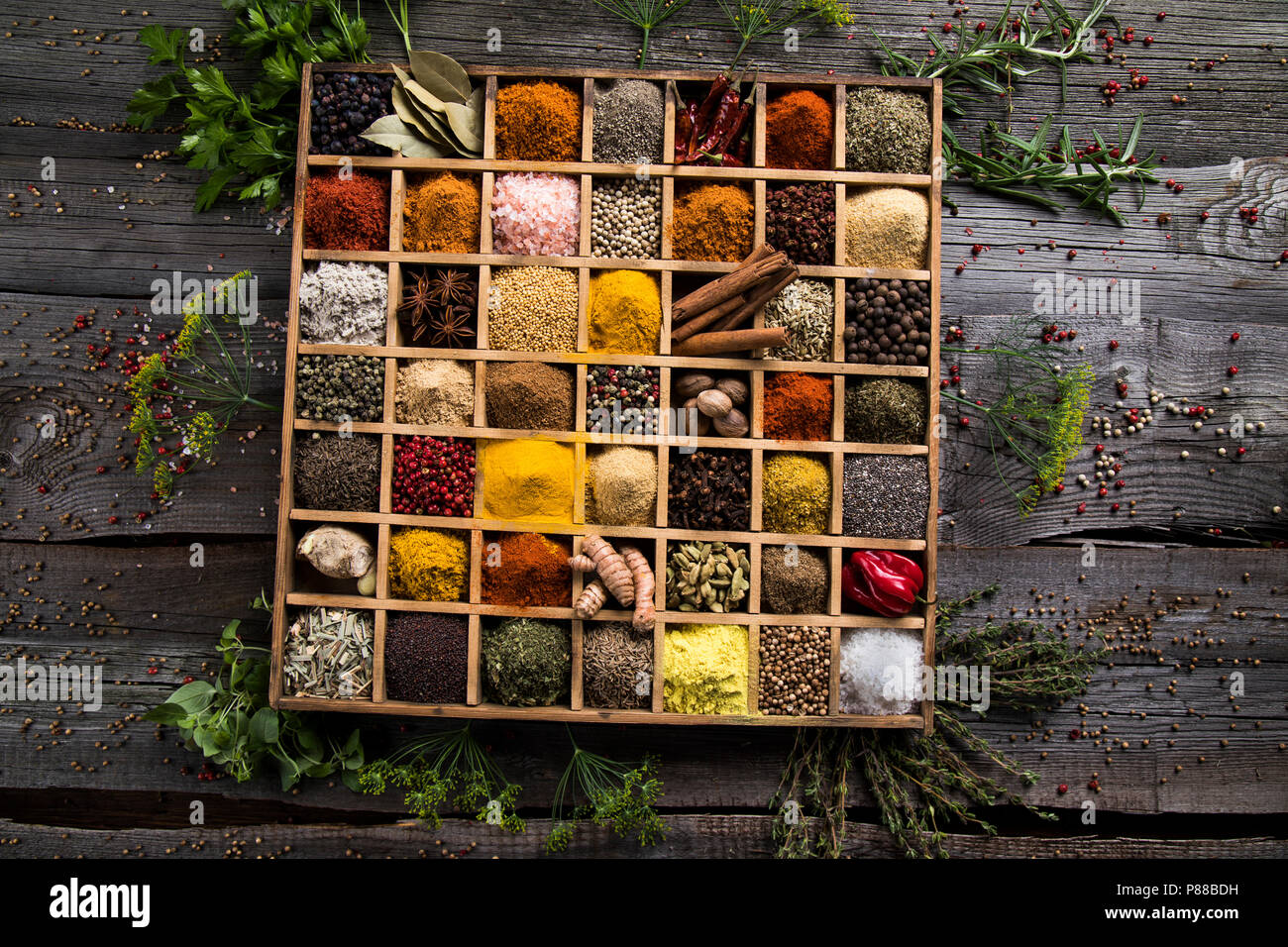 Spices in wooden box, Cooking ingredient Stock Photo - Alamy