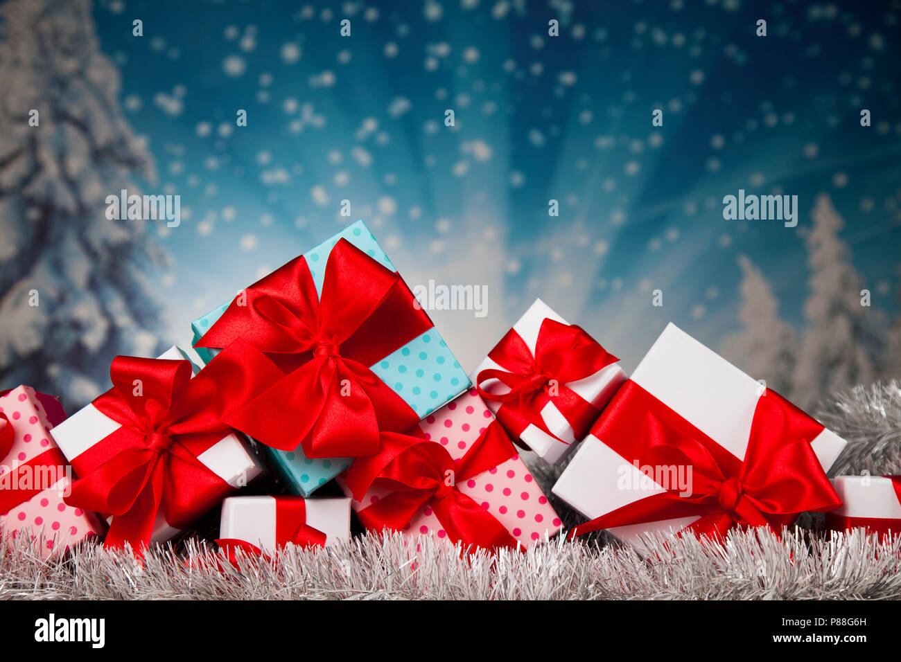 Christmas background with decorations and gift box Stock Photo - Alamy