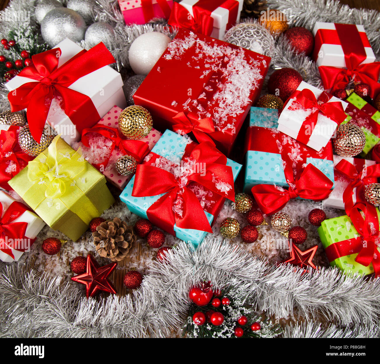 Holiday Christmas background with gift boxes Stock Photo - Alamy