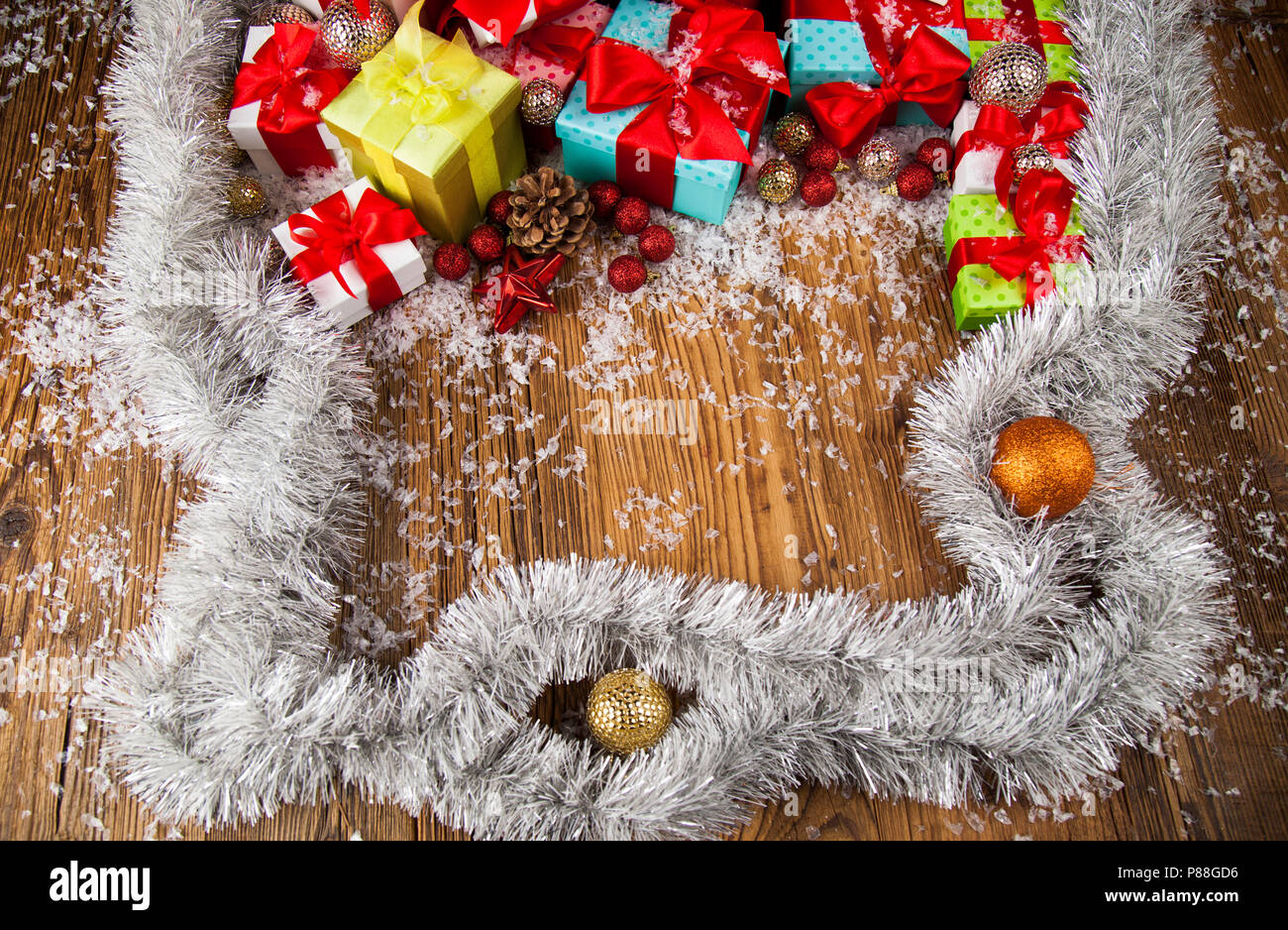 Christmas Frame, Gift box with red ribbon Stock Photo - Alamy
