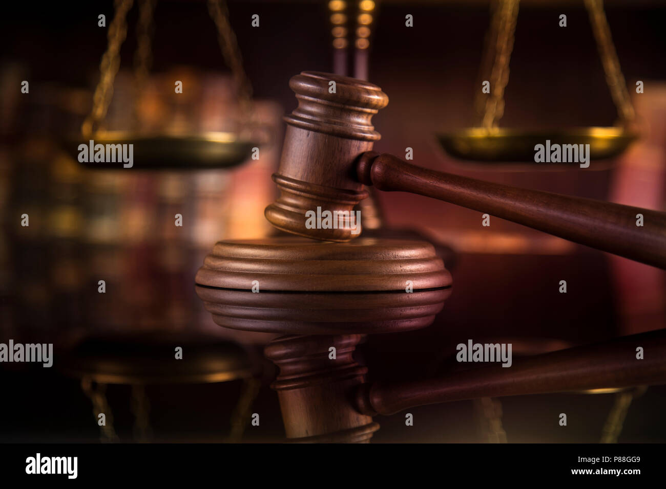Law theme, mallet of the judge, mirror reflection background Stock ...