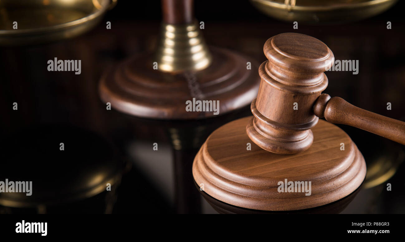 Law theme, mallet of the judge, mirror reflection background Stock ...