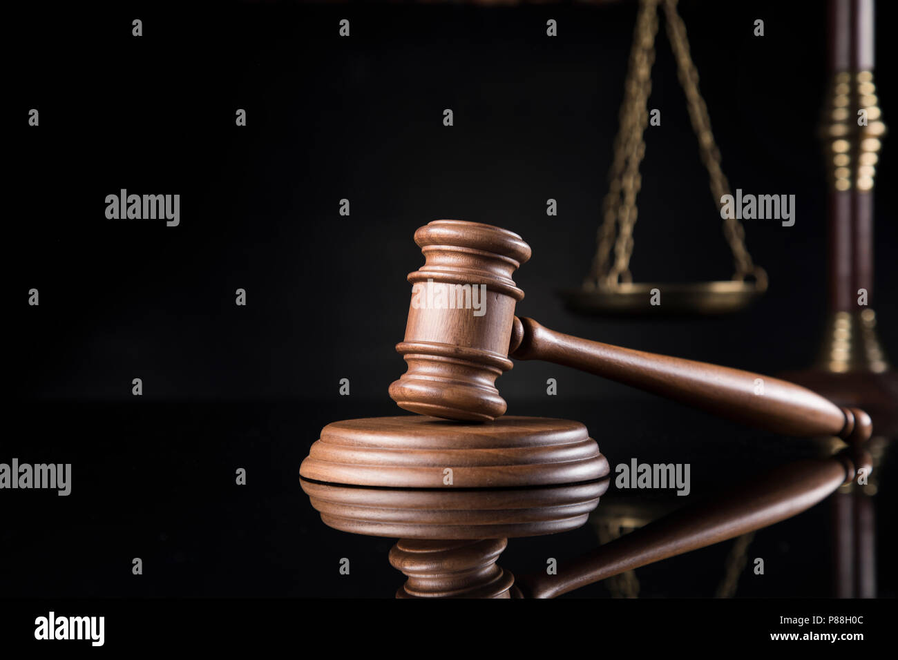Law theme, mallet of the judge, mirror reflection background Stock ...