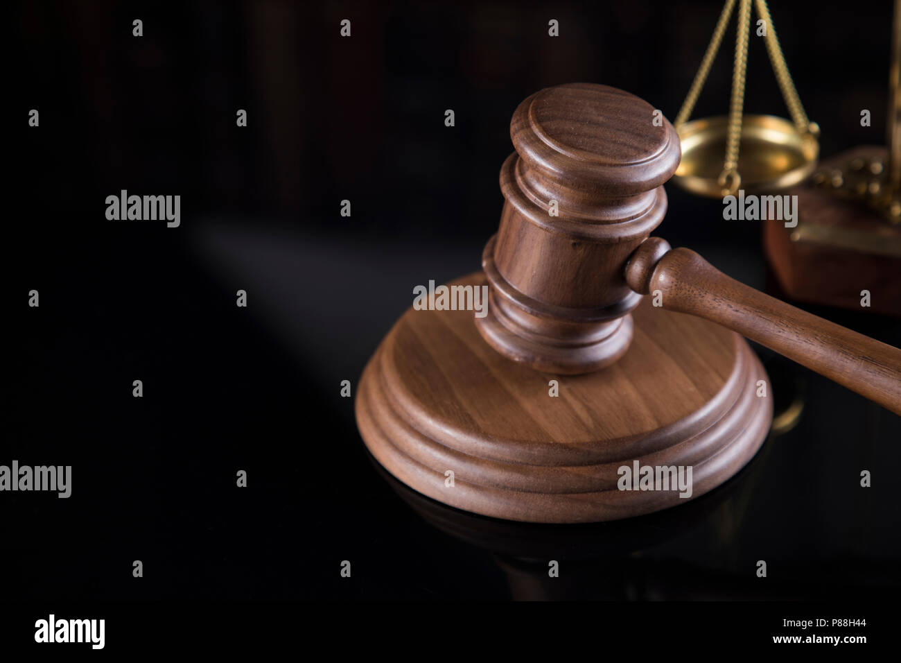 Law theme, mallet of the judge, mirror reflection background Stock ...