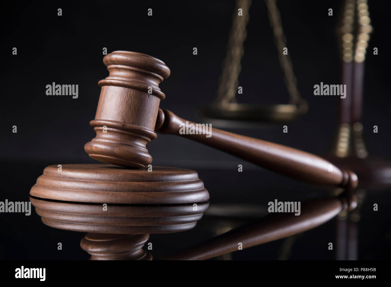 Law theme, mallet of the judge, mirror reflection background Stock ...