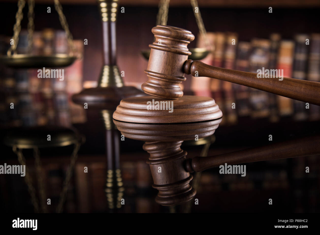 Law theme, mallet of the judge, mirror reflection background Stock ...