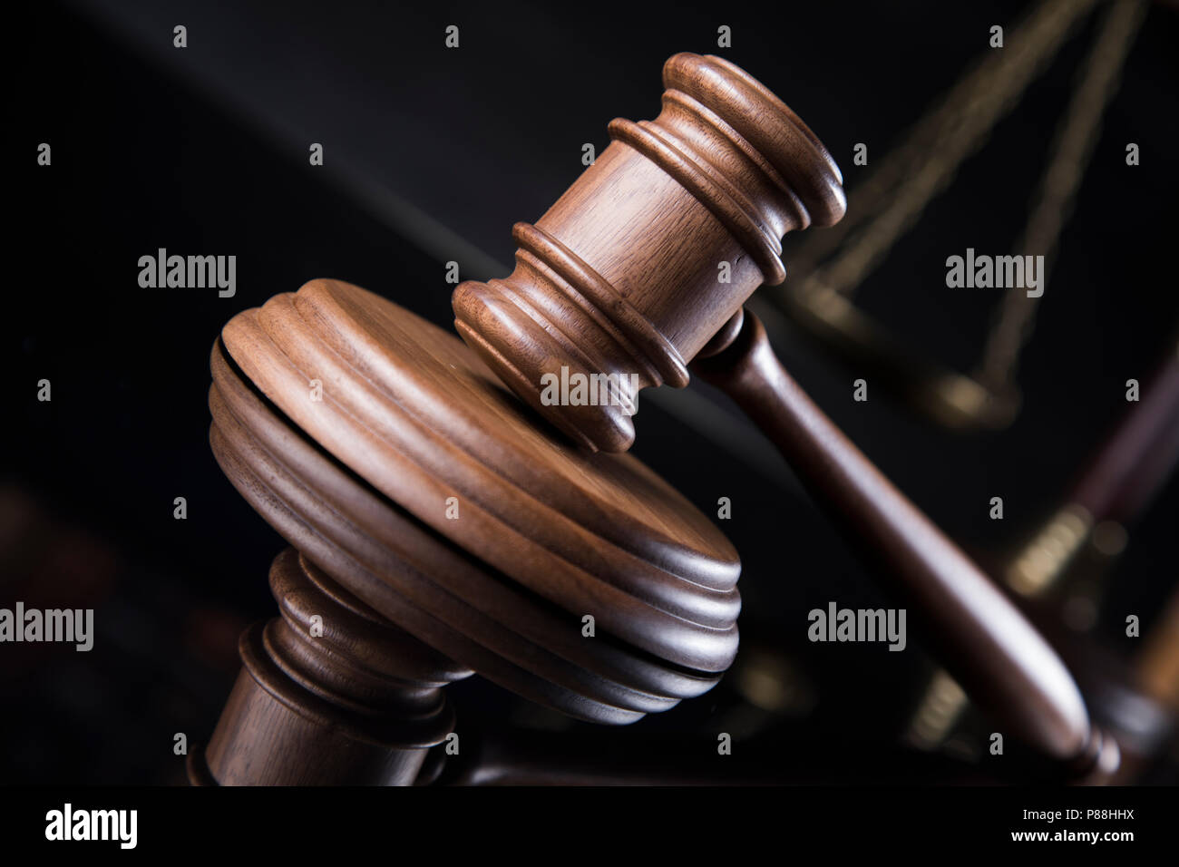 Law theme, mallet of the judge, mirror reflection background Stock ...
