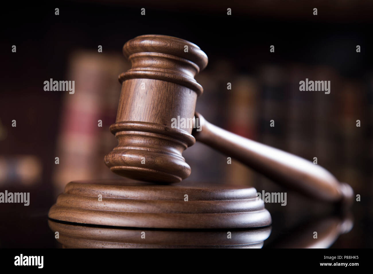 Law theme, mallet of the judge, mirror reflection background Stock ...