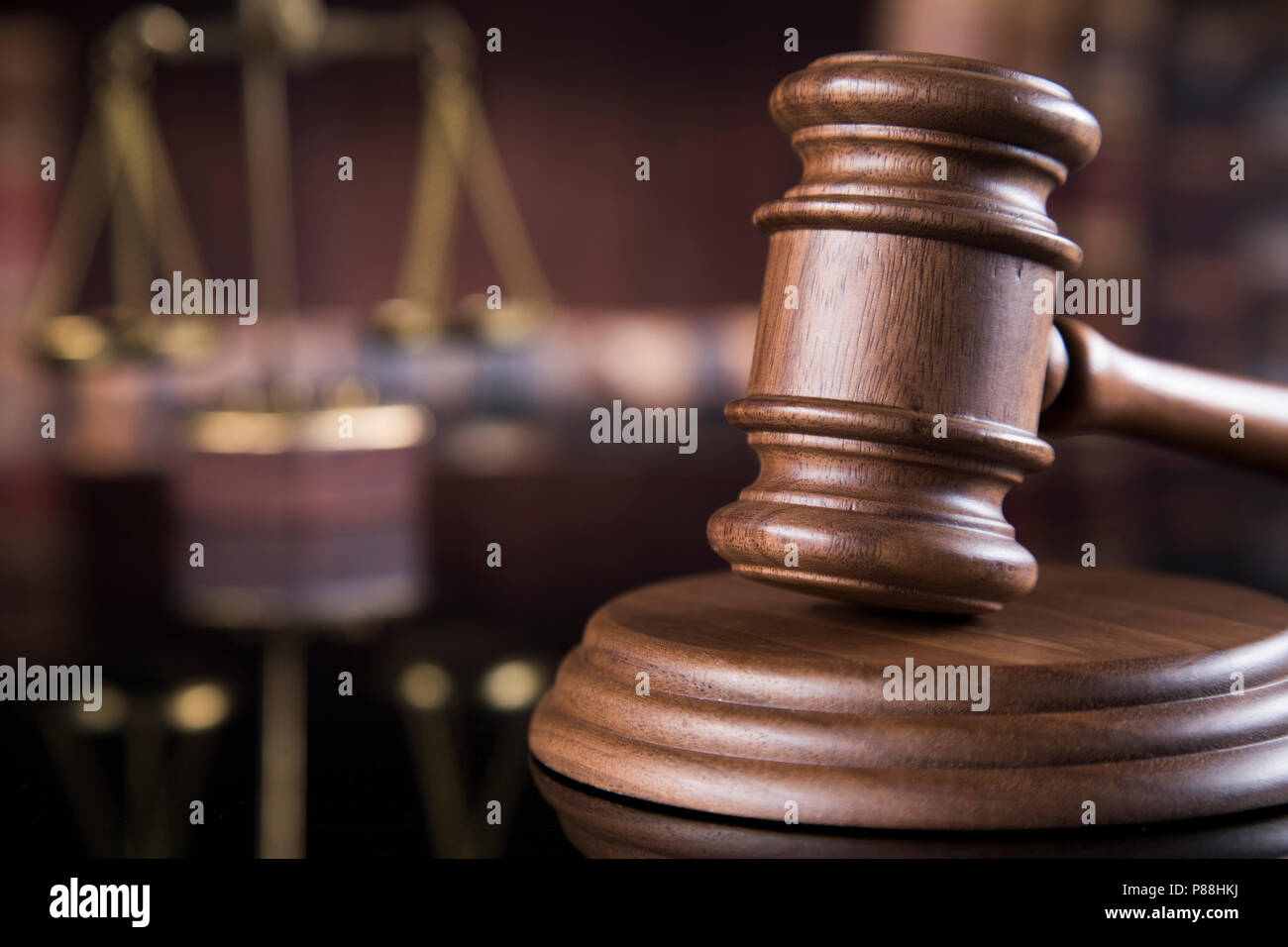 Law theme, mallet of the judge, justice scale, mirror reflection ...