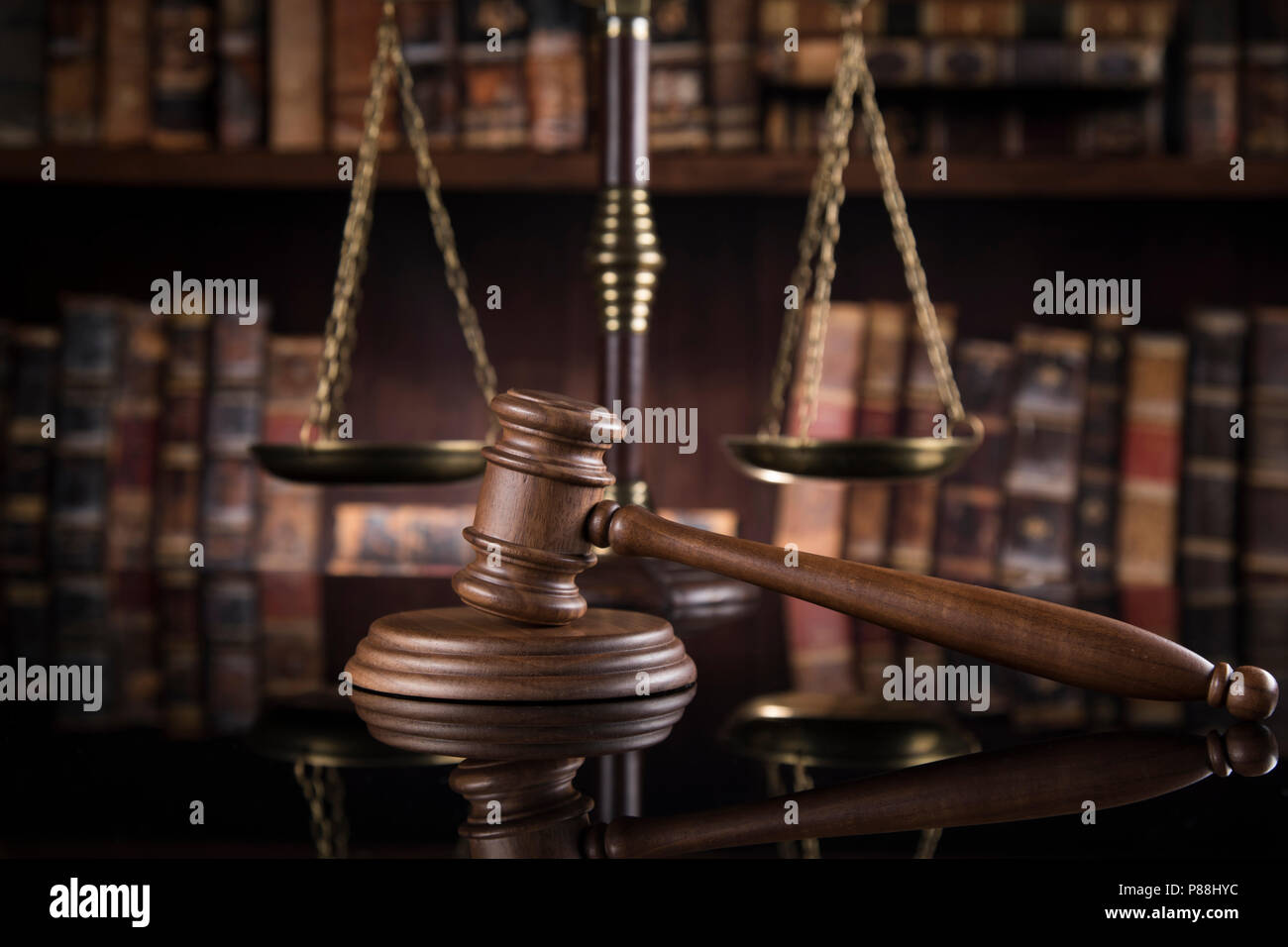 Law theme, mallet of the judge, mirror reflection background Stock ...
