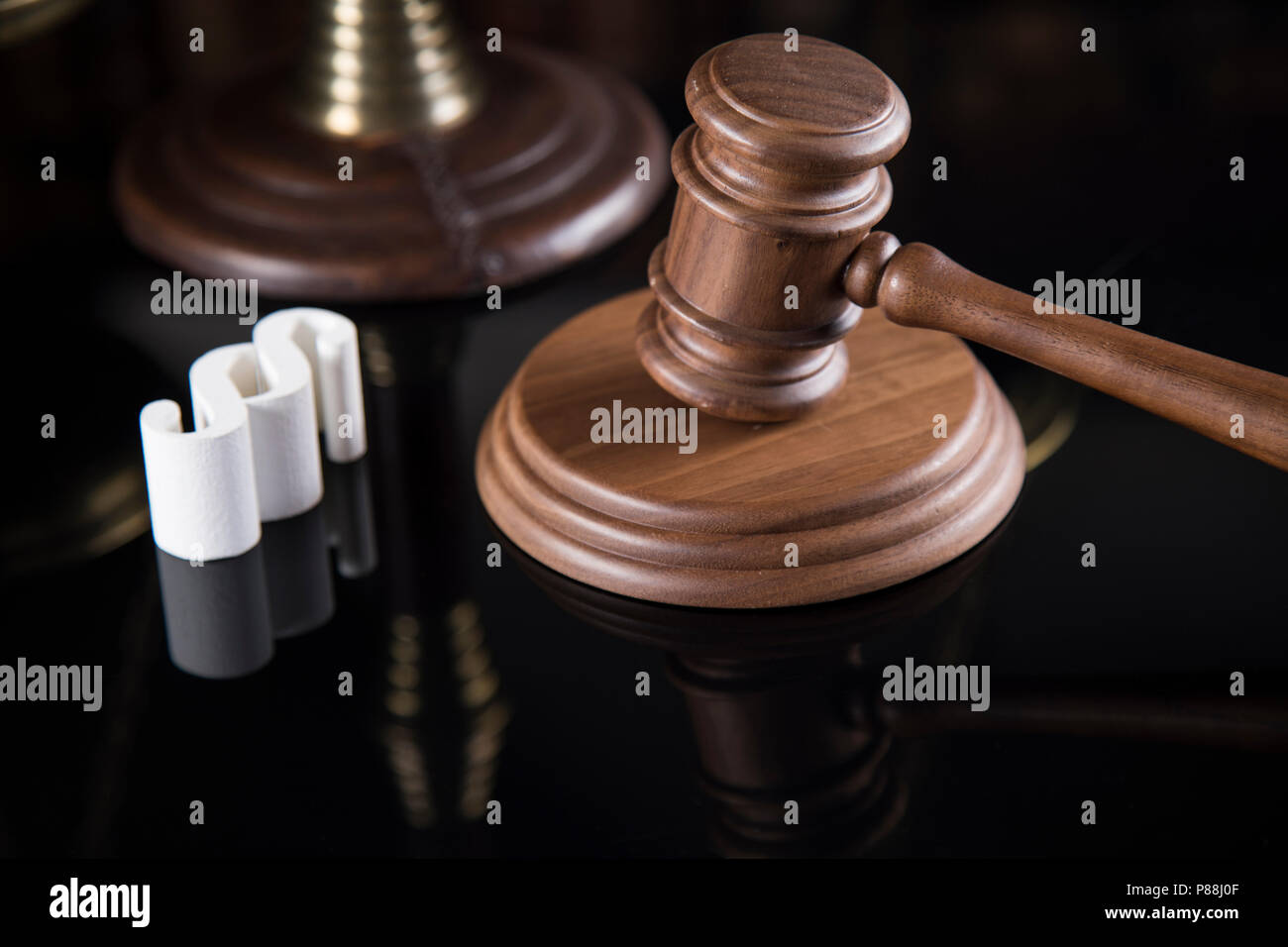 Law theme, mallet of the judge, mirror reflection background Stock ...